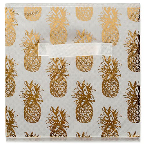 DII Non Woven Polyester Storage Bin, Metallic Pineapple, White & Gold, Small Set of 4