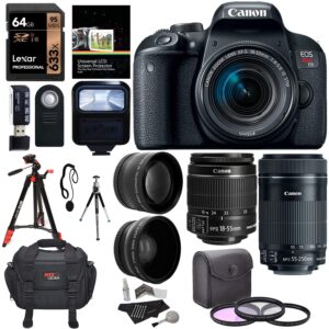 canon eos rebel t7i ef-s 18-55 is stm dslr kit, ef 55-250mm stm, 64gb u3 memory card, wide angle, telephone lens, 48" tripod and accessory bundle