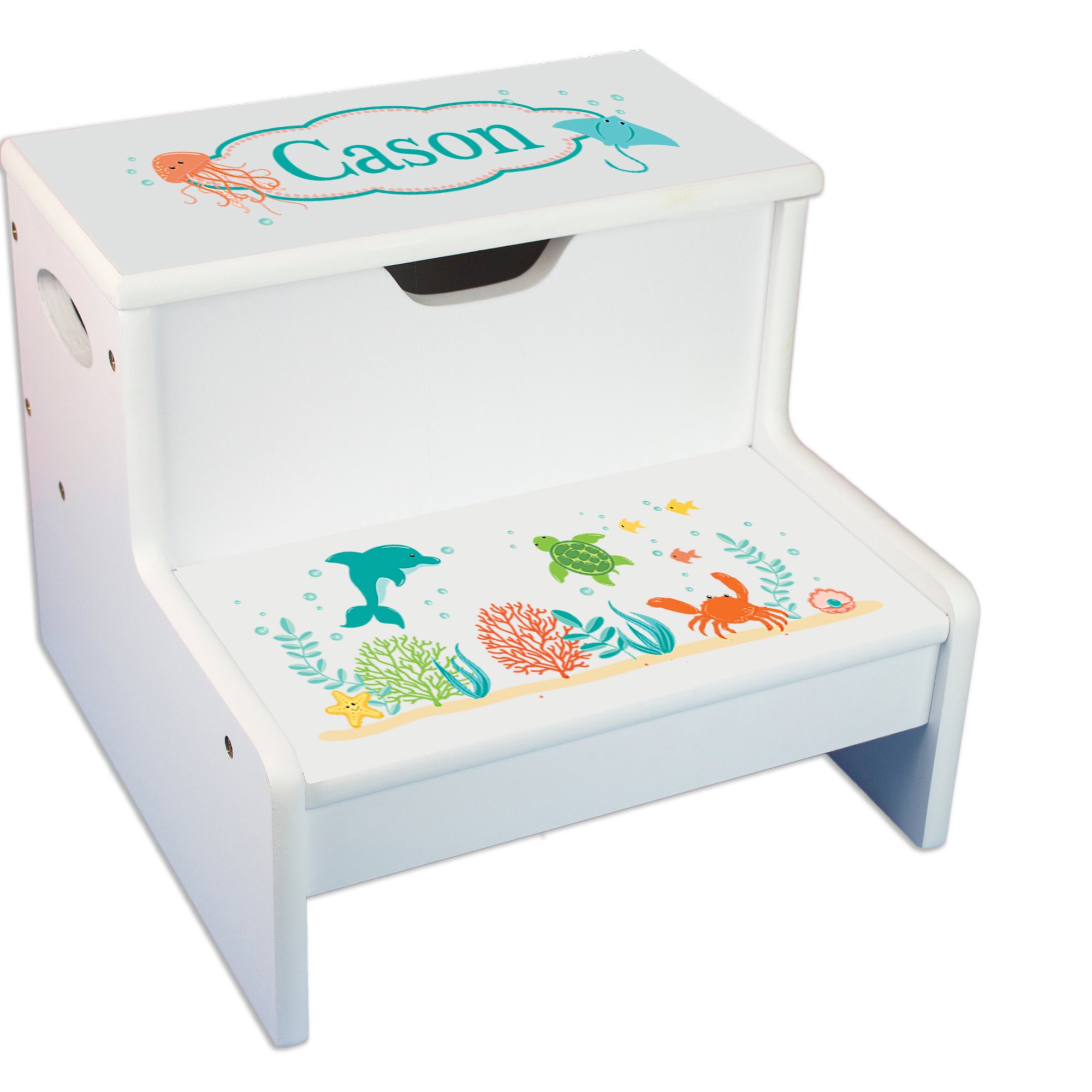 Personalized Sea and Marine White Childrens Step Stool with Storage