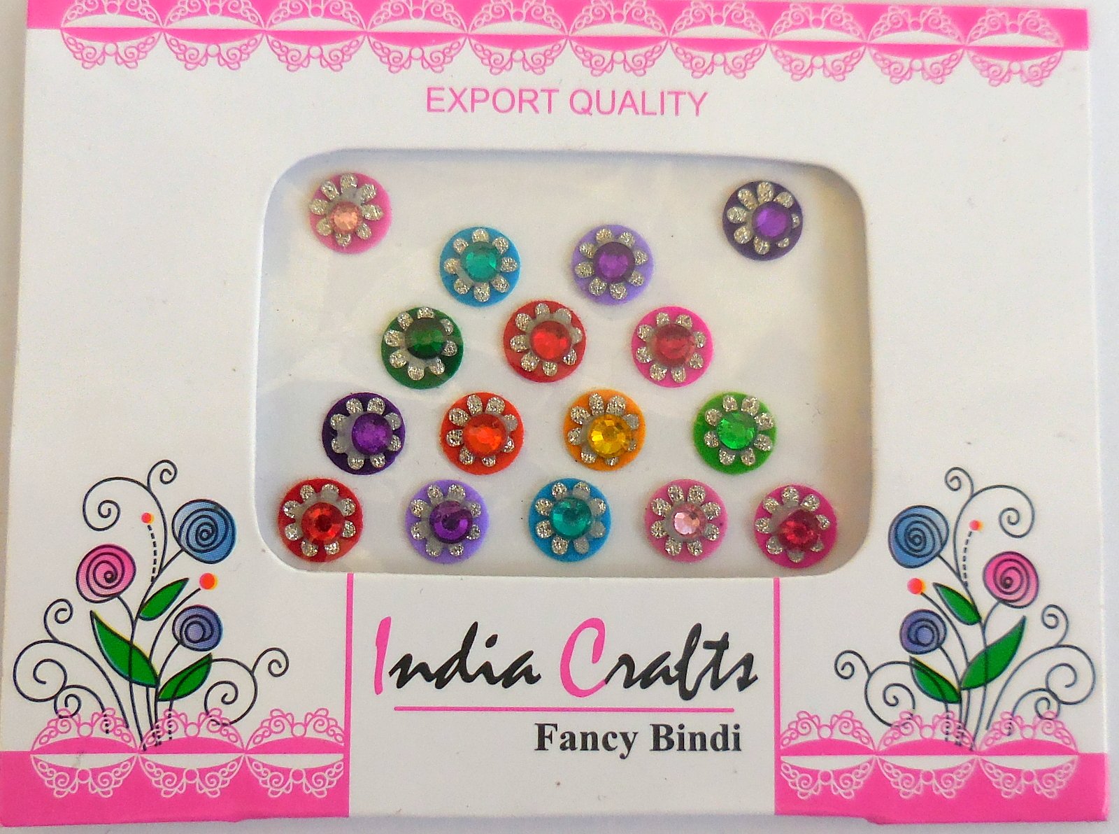 India Crafts ™ 4 Packs - 64 Colorful Crystal Bindi Velvette round face jewels Tika (Round Crystal)