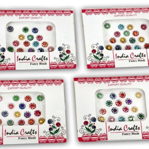 India Crafts ™ 4 Packs - 64 Colorful Crystal Bindi Velvette round face jewels Tika (Round Crystal)