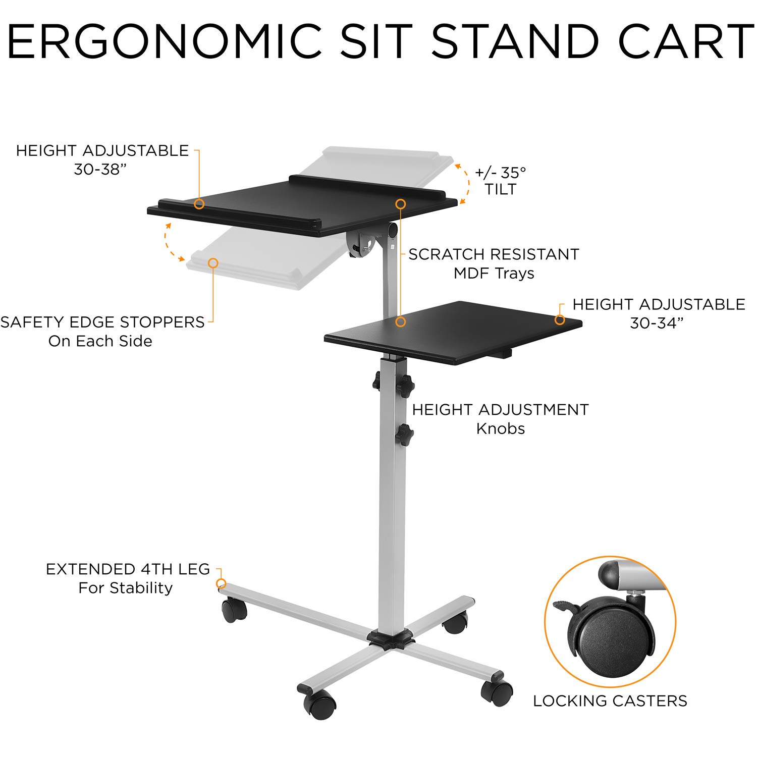 Mount-It! Rolling Laptop Tray and Projector Cart, Height Adjustable Presentation Cart with Wheels | Overbed Table with Tilting Tabletop (MI-7945)