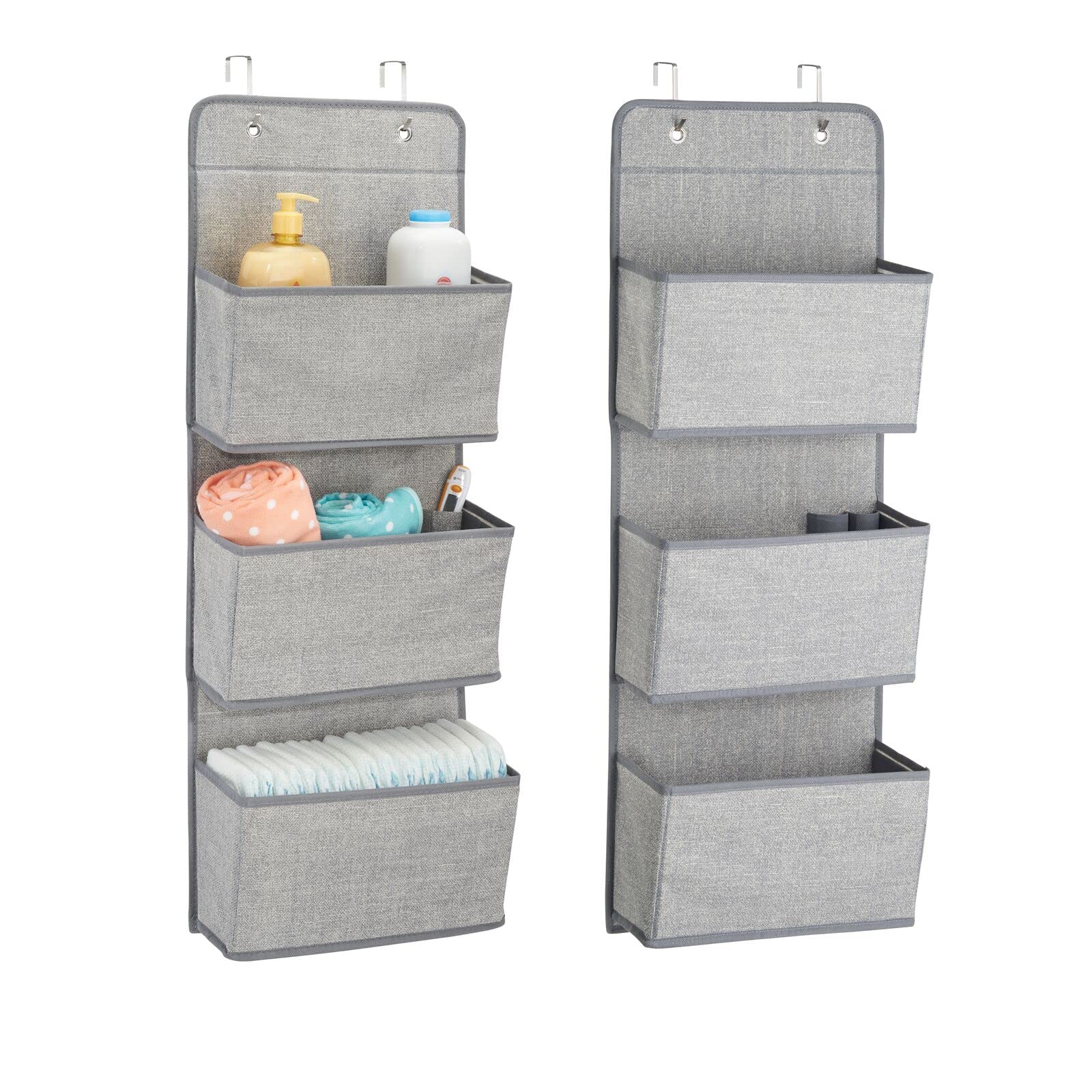 mDesign Fabric Baby Nursery Hanging Organizers for Over the Door Storage for Kids - 3 Pocket Organizer Caddy, Hooks for Clothing, School, Diaper, Toy, Outfits, Lido Collection, Textured, 2 Pack - Gray