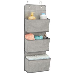 mDesign Fabric Baby Nursery Hanging Organizers for Over the Door Storage for Kids - 3 Pocket Organizer Caddy, Hooks for Clothing, School, Diaper, Toy, Outfits, Lido Collection, Textured, 2 Pack - Gray