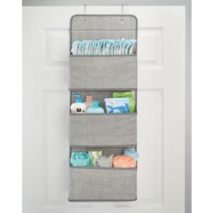 mDesign Fabric Baby Nursery Hanging Organizers for Over the Door Storage for Kids - 3 Pocket Organizer Caddy, Hooks for Clothing, School, Diaper, Toy, Outfits, Lido Collection, Textured, 2 Pack - Gray