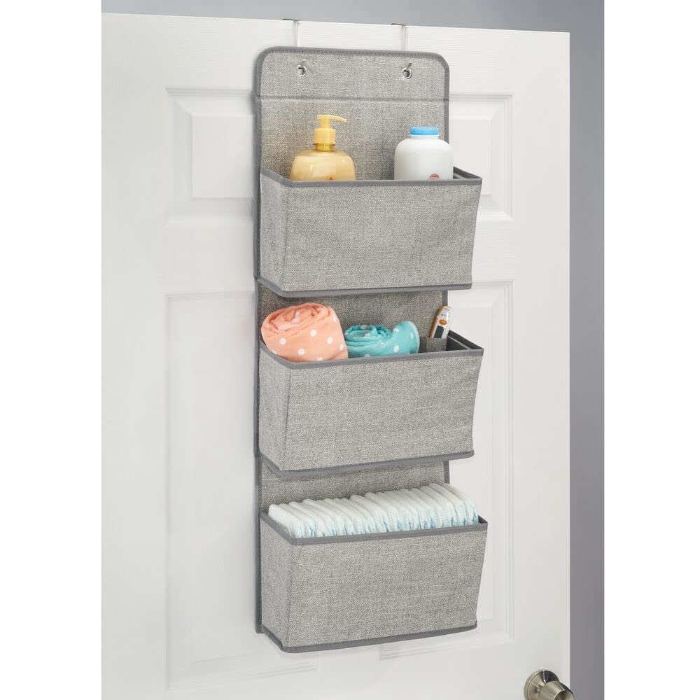 mDesign Fabric Baby Nursery Hanging Organizers for Over the Door Storage for Kids - 3 Pocket Organizer Caddy, Hooks for Clothing, School, Diaper, Toy, Outfits, Lido Collection, Textured, 2 Pack - Gray