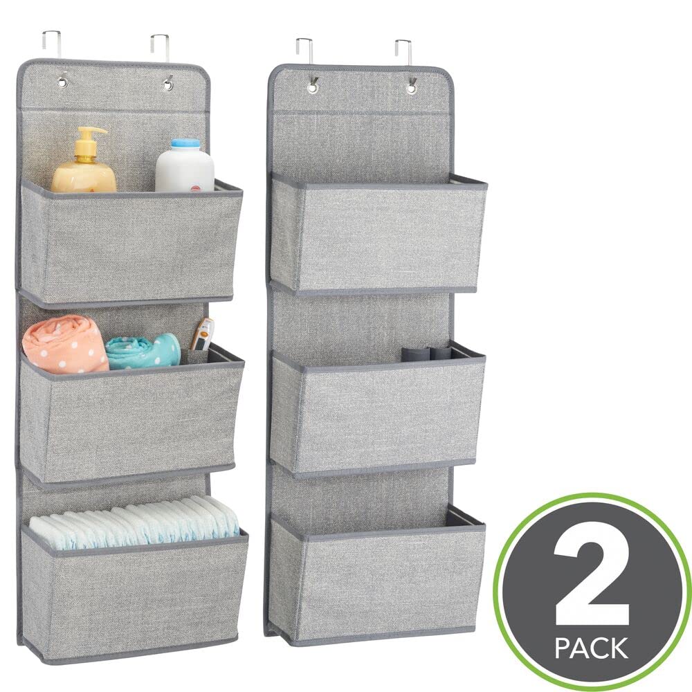 mDesign Fabric Baby Nursery Hanging Organizers for Over the Door Storage for Kids - 3 Pocket Organizer Caddy, Hooks for Clothing, School, Diaper, Toy, Outfits, Lido Collection, Textured, 2 Pack - Gray