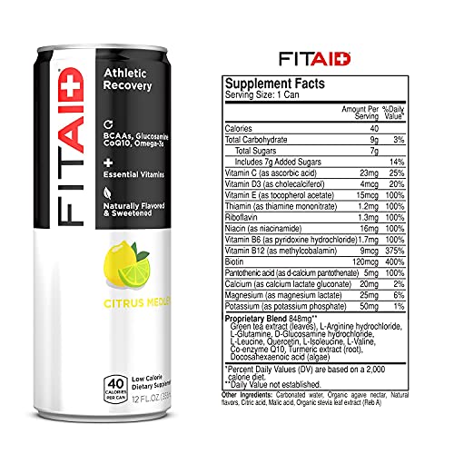 FITAID Recovery Blend, BCAAs, Glucosamine, Electrolytes, Green Tea, 100% Clean, Paleo, B-Complex, Vegan & Gluten-Free, No Sucralose, 12-oz. cans (Pack of 12)