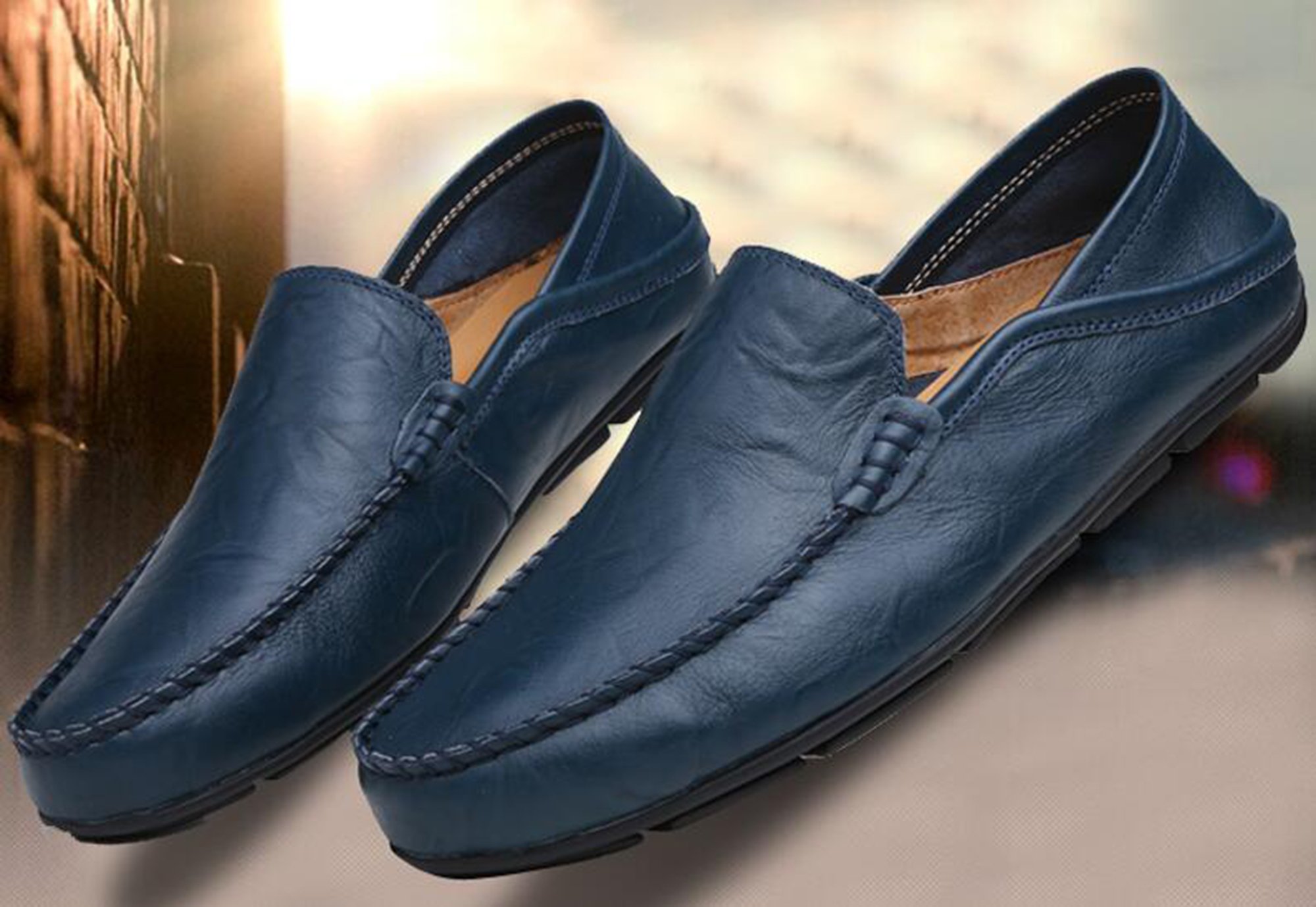 Go Tour Men's Premium Genuine Leather Casual Slip On Loafers Breathable Driving Shoes Fashion Slipper Blue 10.5/46