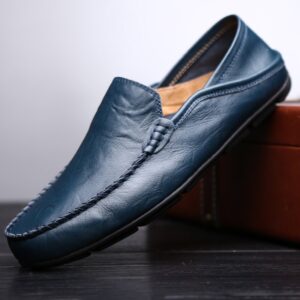 Go Tour Men's Premium Genuine Leather Casual Slip On Loafers Breathable Driving Shoes Fashion Slipper Blue 10.5/46