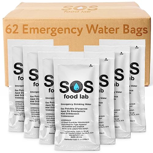 S.O.S. Emergency Water 5 year shelf life - 62 Individual 4.22 Oz Packets (With Tips)