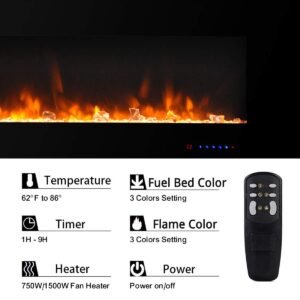 Valuxhome Electric Fireplace, 72 Inches Wall Mounted Fireplace with Overheating Protection, Thermostat, Timer & Remote, Log & Crystal, Touch Screen, 1500/750W, Black