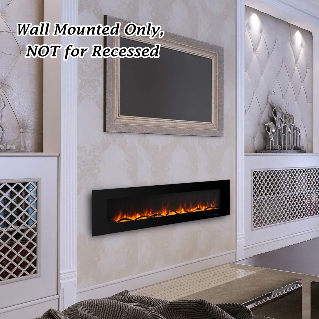 Valuxhome Electric Fireplace, 72 Inches Wall Mounted Fireplace with Overheating Protection, Thermostat, Timer & Remote, Log & Crystal, Touch Screen, 1500/750W, Black