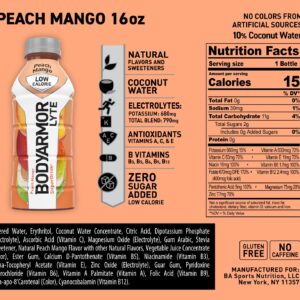 BODYARMOR LYTE Sports Drink Low-Calorie Sports Beverage, Peach Mango, Coconut Water Hydration, Natural Flavors With Vitamins, Potassium-Packed Electrolytes, Perfect For Athletes, 16 Fl Oz (Pack of 12)