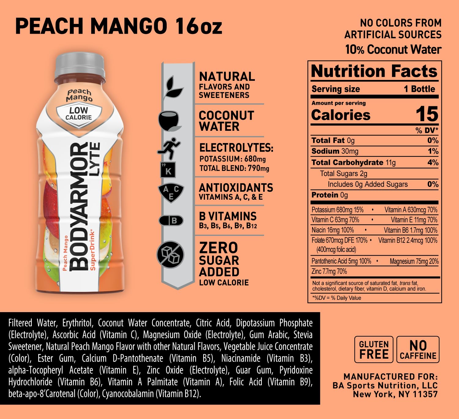 BODYARMOR LYTE Sports Drink Low-Calorie Sports Beverage, Peach Mango, Coconut Water Hydration, Natural Flavors With Vitamins, Potassium-Packed Electrolytes, Perfect For Athletes, 16 Fl Oz (Pack of 12)