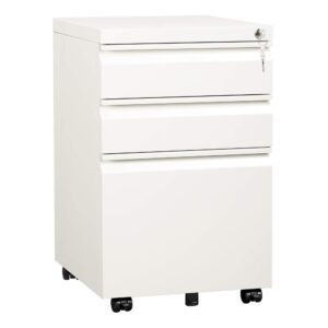 devaise 3 drawer mobile file cabinet with lock, under desk metal filing cabinet for legal/letter/a4 file, fully assembled except wheels, white