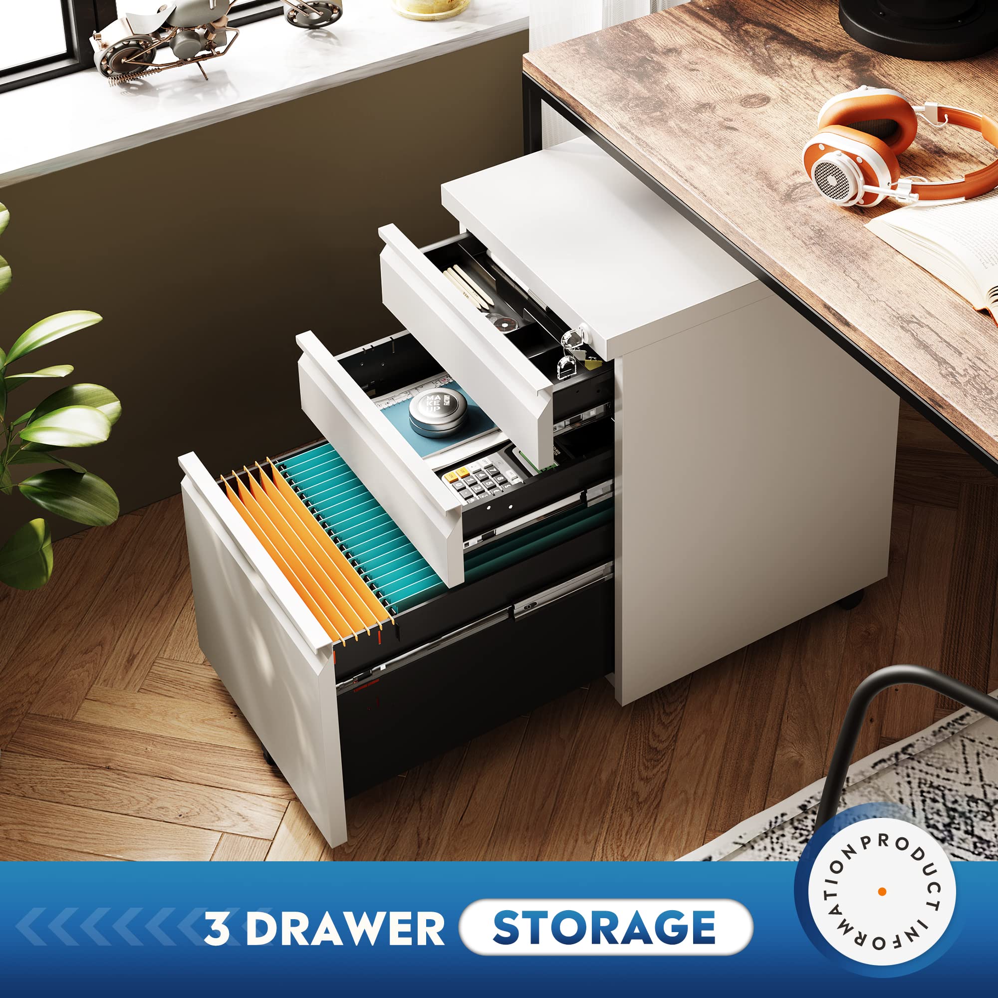 DEVAISE 3 Drawer Mobile File Cabinet with Lock, Under Desk Metal Filing Cabinet for Legal/Letter/A4 File, Fully Assembled Except Wheels, White