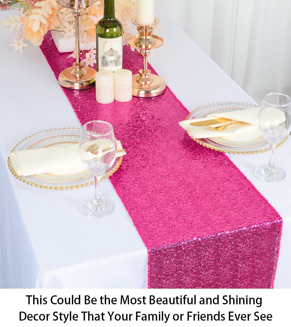 ShinyBeauty 12x108-Inch Hot Pink Sparkly Sequin Table Runner Glitz Sequin Table Runner for Wedding Part/Event Linen (Hot Pink)