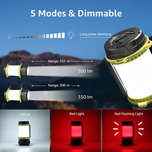 Lighting Ever LED Camping Lantern Rechargeable, Flashlight with 500LM, 5 Light Modes, 2600mAh Power Bank, IPX4 Waterproof, for Hurricane Emergency, Outdoor, Hiking and Home, USB Cable Included