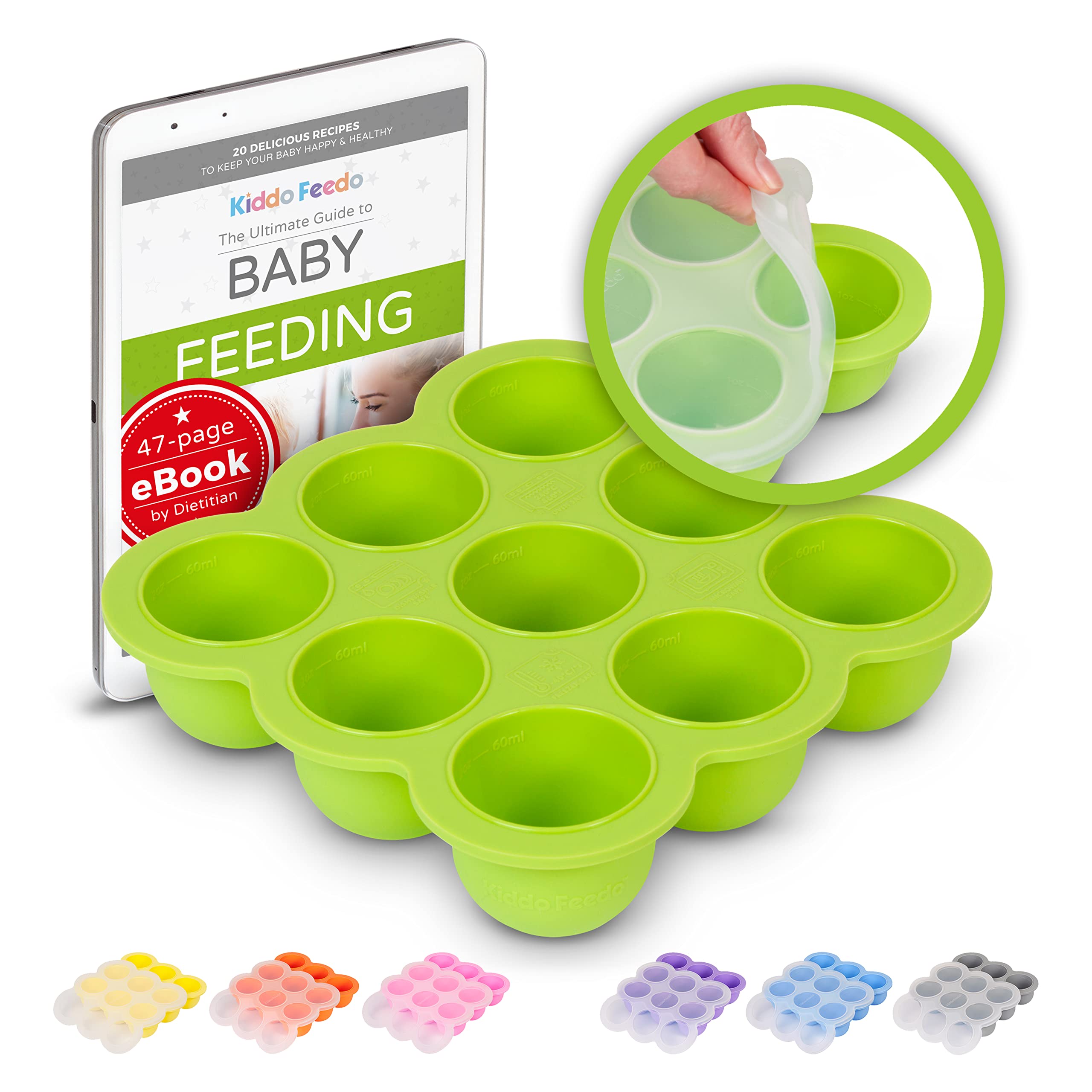 Kiddo Feedo Baby Food Freezer Tray with Silicone Clip-On Lid - Free E-Book by Award-Winning Author/Dietitian - Green