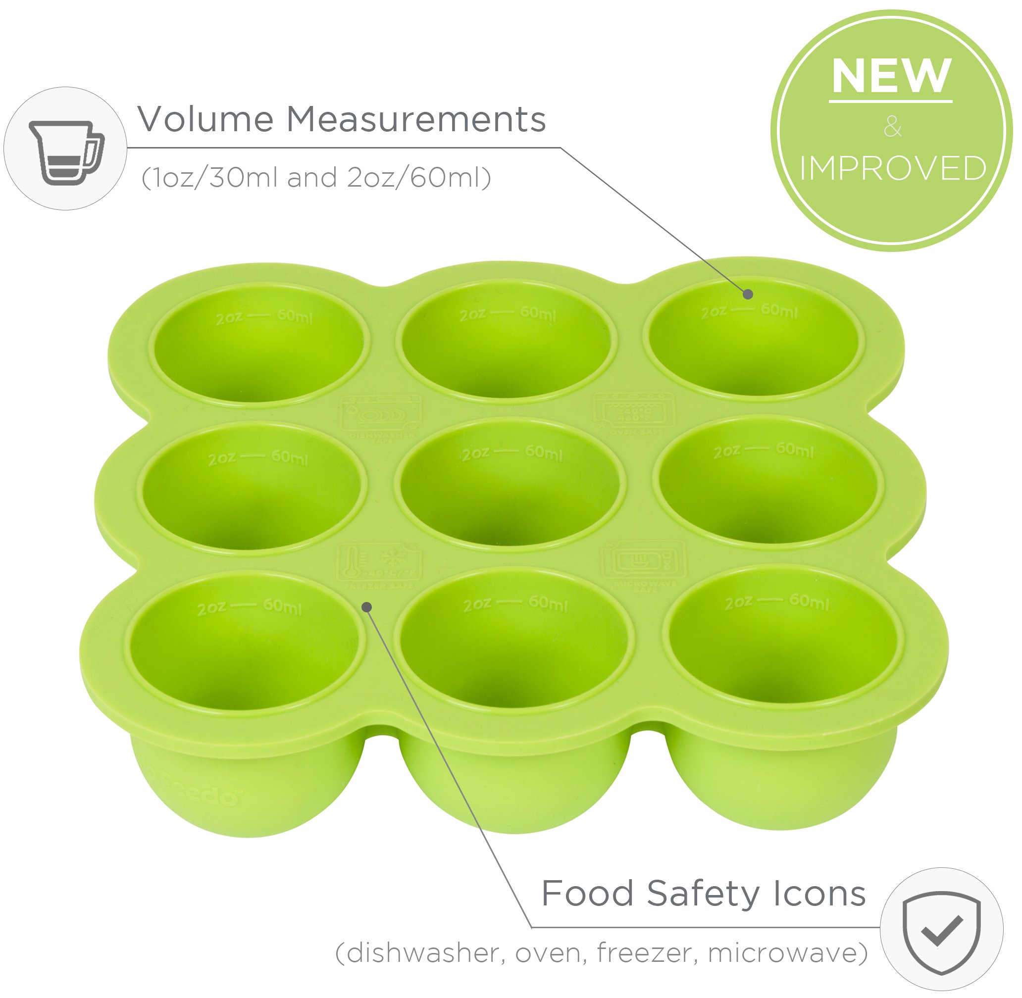 Kiddo Feedo Baby Food Freezer Tray with Silicone Clip-On Lid - Free E-Book by Award-Winning Author/Dietitian - Green