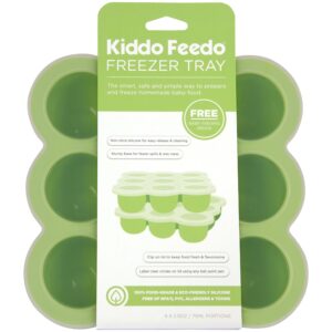 Kiddo Feedo Baby Food Freezer Tray with Silicone Clip-On Lid - Free E-Book by Award-Winning Author/Dietitian - Green