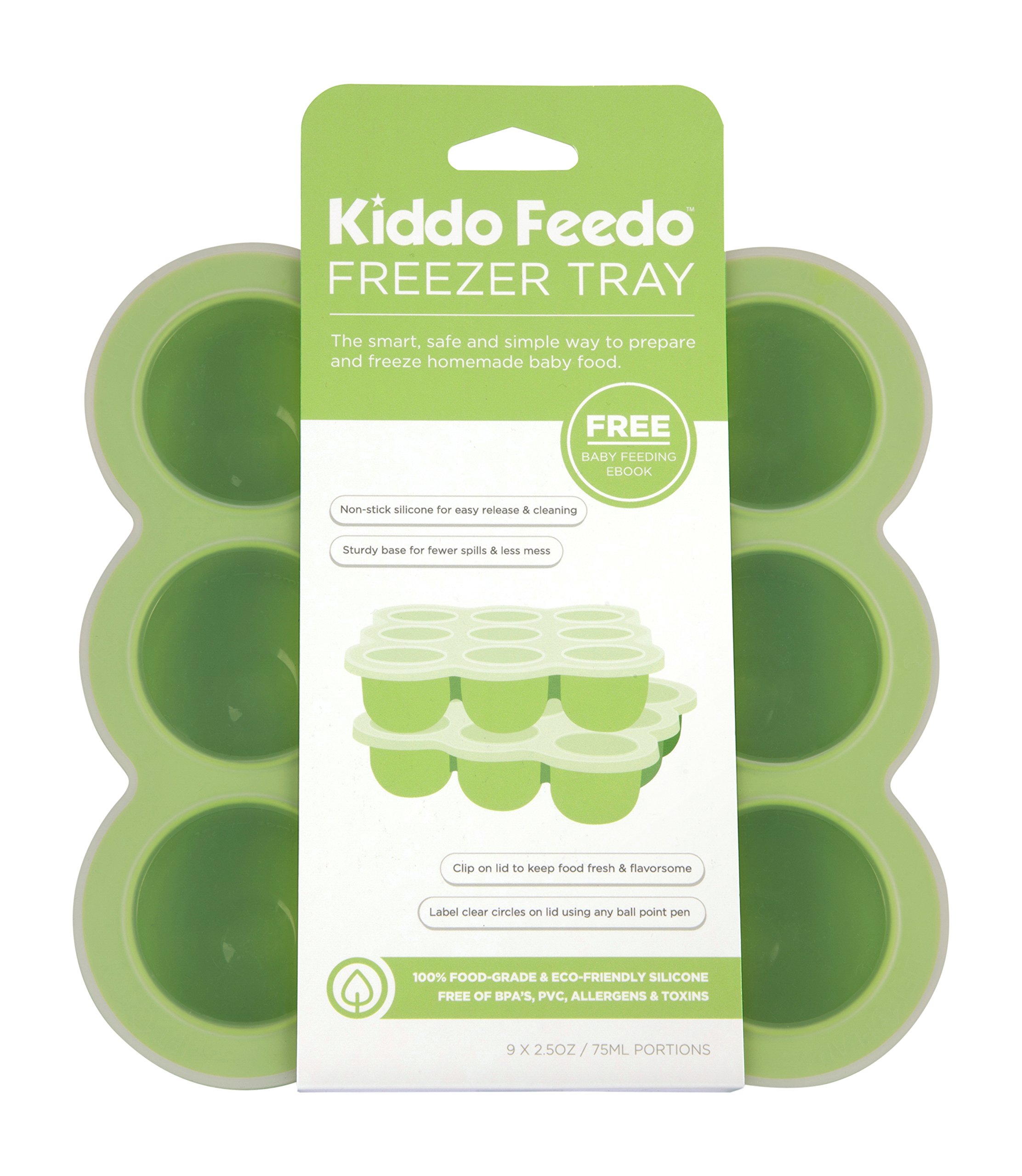 Kiddo Feedo Baby Food Freezer Tray with Silicone Clip-On Lid - Free E-Book by Award-Winning Author/Dietitian - Green