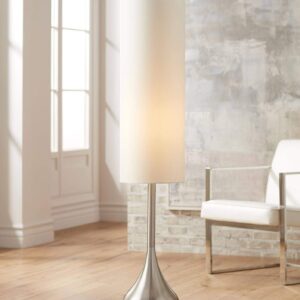 Possini Euro Design Mid Century Modern Retro Floor Lamp Standing 62" Tall Dark Bronze Metal Droplet Off-White Cotton Cylinder Shade Decor for Living Room Reading House Bedroom Home