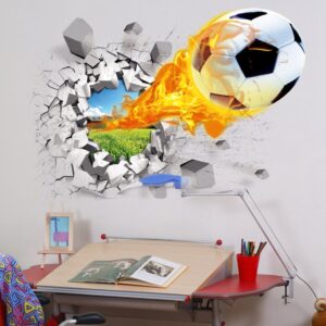 u-shark® 3d self-adhesive removable break through the wall vinyl football soccer wall stickers/murals art decals decorator as kids birthday gift (flying fire football (19.7" x 27.6"/ 50 x 70cm))