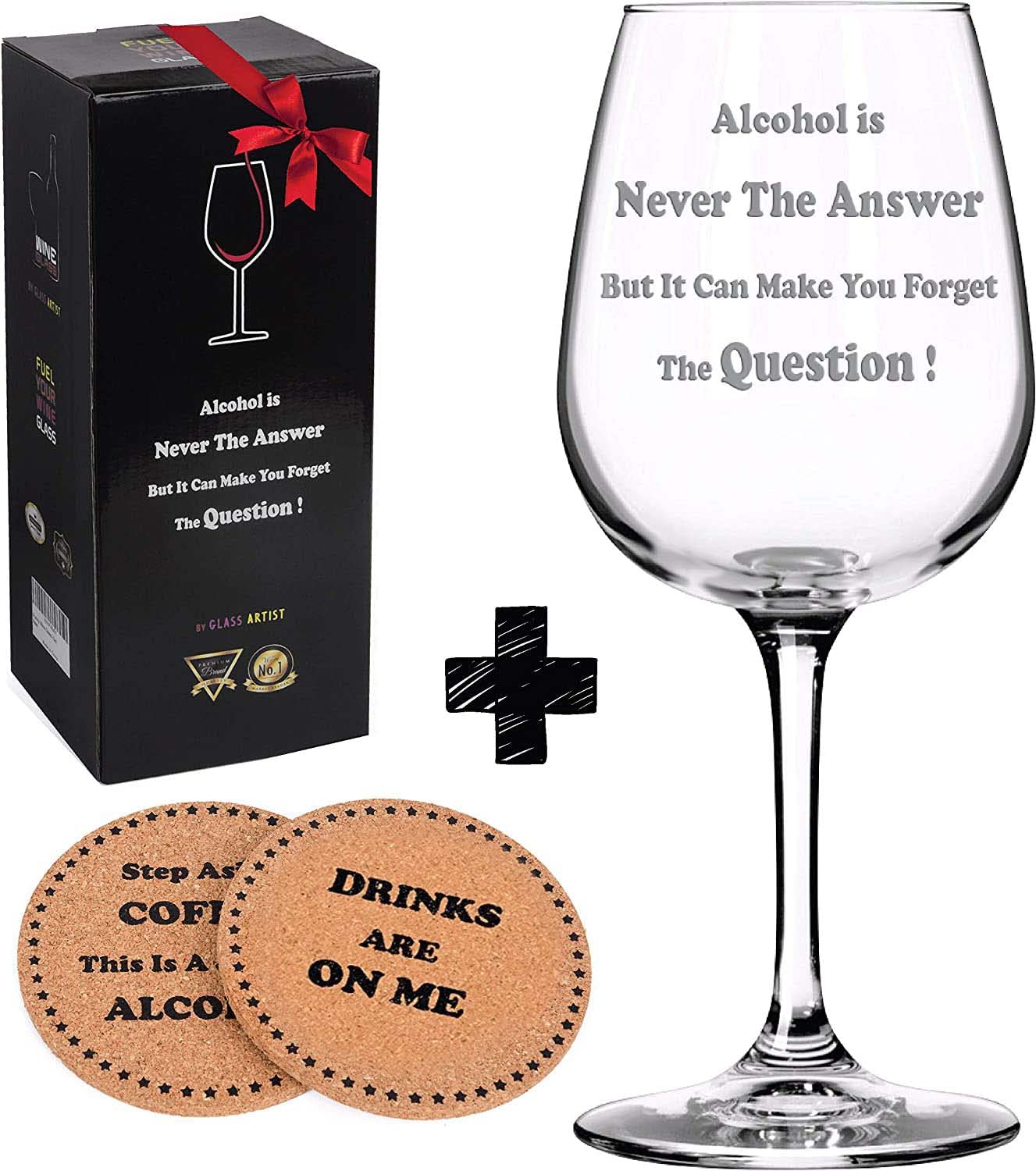 Vaci Funny Wine Glass with 2 Drink Coasters | Dishwasher Safe 15 Oz. Crystal Glass | Alcohol is Never The Answer | Fun Novelty Gift | Great for Bachelor's Parties, Birthdays, Restaurants, Bars & More