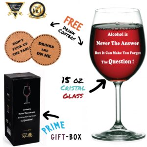 Vaci Funny Wine Glass with 2 Drink Coasters | Dishwasher Safe 15 Oz. Crystal Glass | Alcohol is Never The Answer | Fun Novelty Gift | Great for Bachelor's Parties, Birthdays, Restaurants, Bars & More