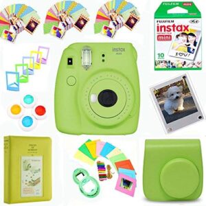 fujifilm instax mini 9 film camera (lime) + film pack(10 shots) + pleather case + filter kit + selfie lens + album + self-standing, hanging frames&stick-on frames exclusive instax design bundle