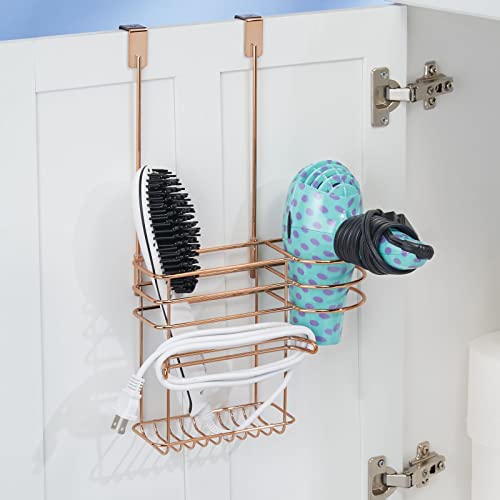 mDesign Metal Bathroom 2 Section Storage Tool Organizer Basket Tray - Hang Over Cabinet Door - Storage for Hair Dryer, Straightener, Curling Iron, Styling Products - Concerto Collection - Rose Gold