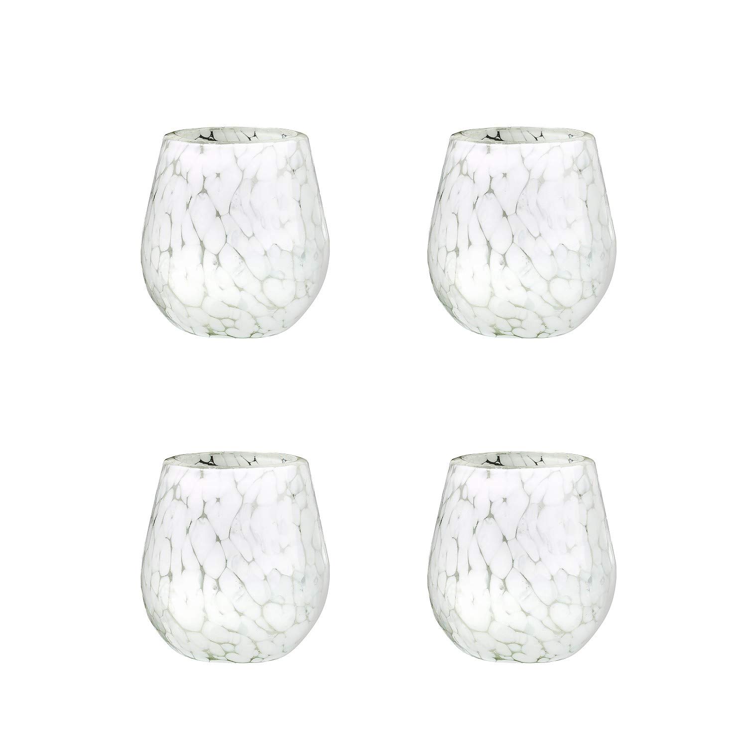 Amici Home Carmen Stemless Wine Glass | Set of 4 | Authentic Mexican Handmade Glassware | Wine Glasses for Red or White Wine, Cocktails | White Marble Design | 16 Oz