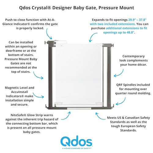 Qdos Safety Crystal Designer Baby Safety Gate - Meets Tougher European Standards - Modern Design and Unparalleled Safety - Beauty & Safety Together - Simple Installation | Pressure Mount