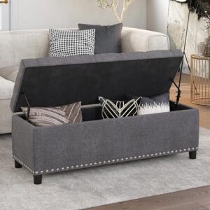 BELLEZE Modern Luxury Button-Tufted Ottoman Bench Footrest Upholstered Linen Fabric Decor for Living Room, Entryway, or Bedroom with Storage - Brentwood (Gray)