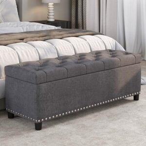 BELLEZE Modern Luxury Button-Tufted Ottoman Bench Footrest Upholstered Linen Fabric Decor for Living Room, Entryway, or Bedroom with Storage - Brentwood (Gray)