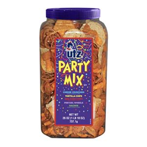 utz party mix - 26 ounce barrel - tasty snack mix includes corn/nacho tortillas, pretzels, bbq corn chips and cheese curls, easy and quick party snacks, cholesterol free and trans-fat free