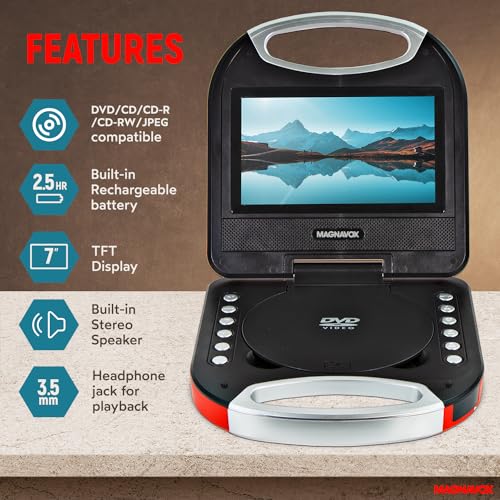 Magnavox MTFT750-RD Portable 7 inch TFT DVD/CD Player with Remote Control and Car Adapter in Red | Rechargeable Battery | Headphone Jack | Built-in Speakers |