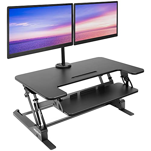 Mount-It! Standing Desk Converter with Bonus Dual Monitor Mount Included - Height Adjustable Stand Up Desk - Wide 36 Inch Sit Stand Workstation with Gas Spring Lift– Black (MI-7934)