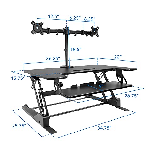 Mount-It! Standing Desk Converter with Bonus Dual Monitor Mount Included - Height Adjustable Stand Up Desk - Wide 36 Inch Sit Stand Workstation with Gas Spring Lift– Black (MI-7934)