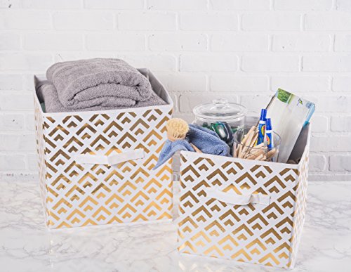 DII Non Woven Polyester Metallic Diamond Storage Bin, Large Set of 2, White / Gold