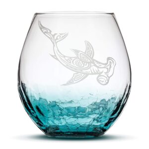 integrity bottles crackle teal stemless wine glass, tribal hammerhead shark, hand etched design