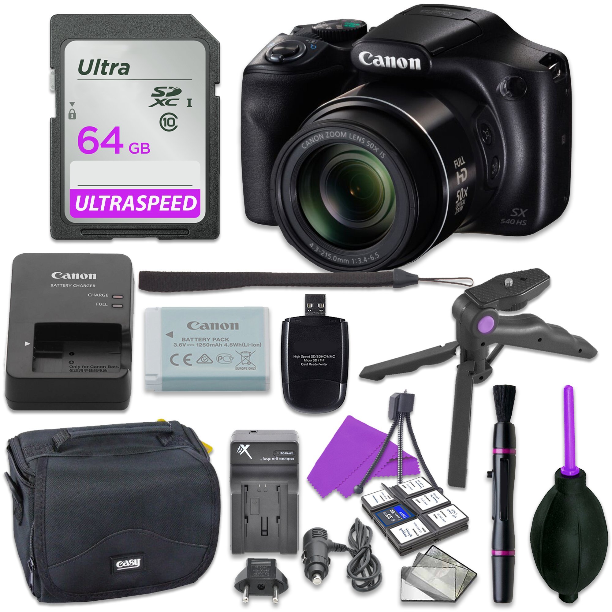 Canon Powershot SX540 Point & Shoot Digital Camera Bundle w/Tripod Hand Grip, 64GB SD Memory, Case and More