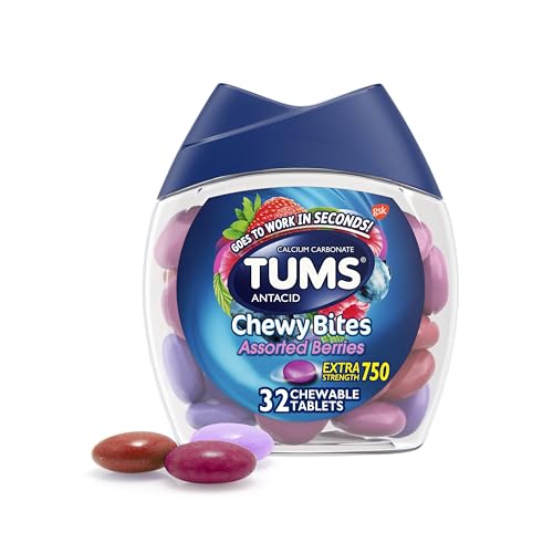 TUMS Chewy Bites Antacid Tablets for Chewable Heartburn & Acid Indigestion Relief, Assorted Berries, 32 Count