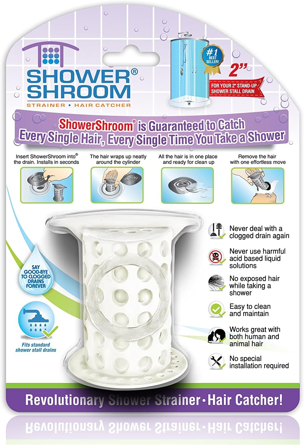 ShowerShroom The Revolutionary 2" Stand-Up Shower Stall Drain Protector Hair Catcher/Strainer, White