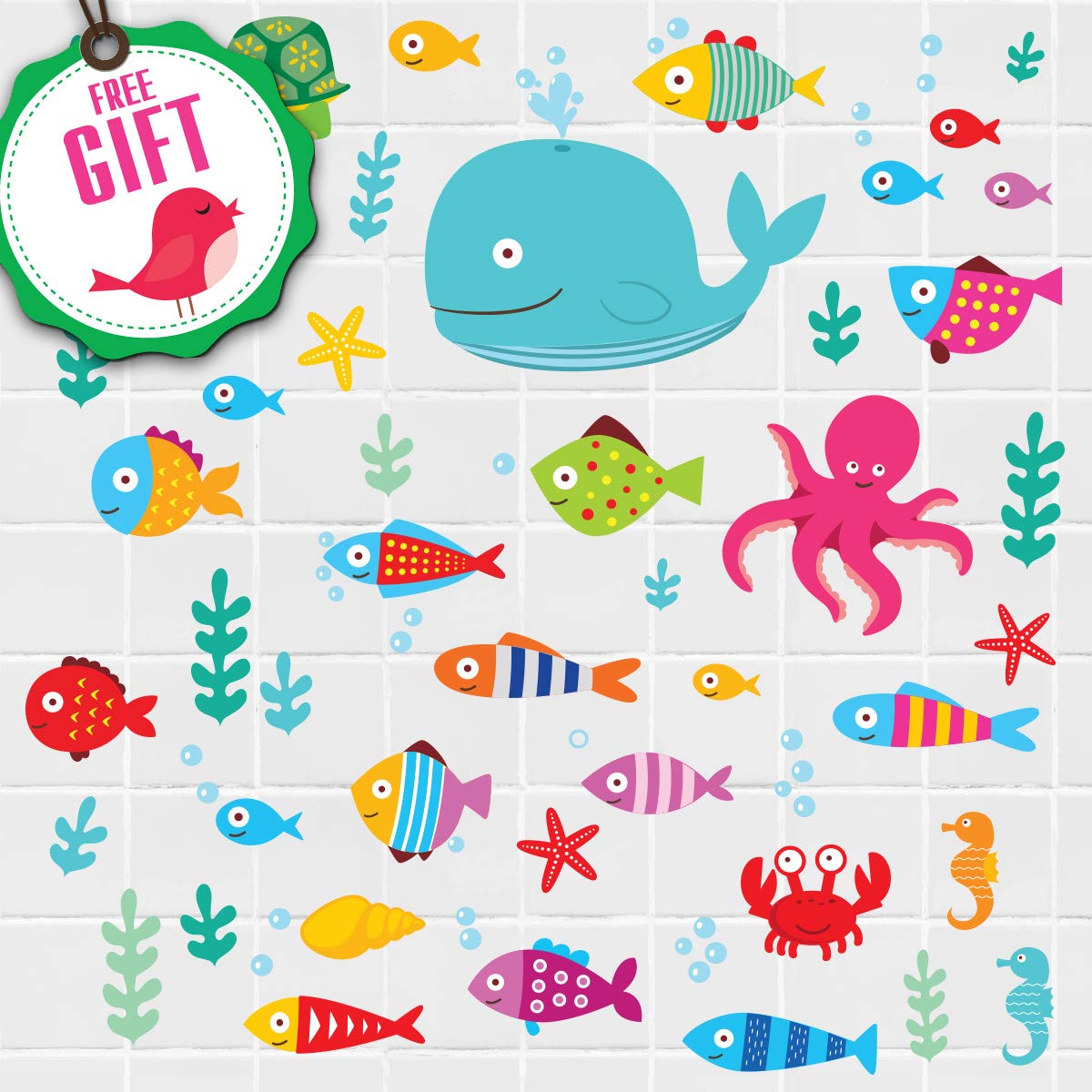 Ocean Fish Wall Decals – Sea Whale Turtle Tropical Creatures Bathroom Stickers - Cartoon Decorative Bathroom Wall Decal for Kids [>50 Art Decals]