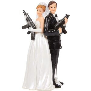 juvale wedding cake topper - fun wedding couple figures decorations gift (bride groom figurines holding rifles)