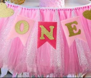 1st Birthday Girl Baby Tutu for High Chair Decoration and "ONE" Pennant Happy Birthday for Highchair