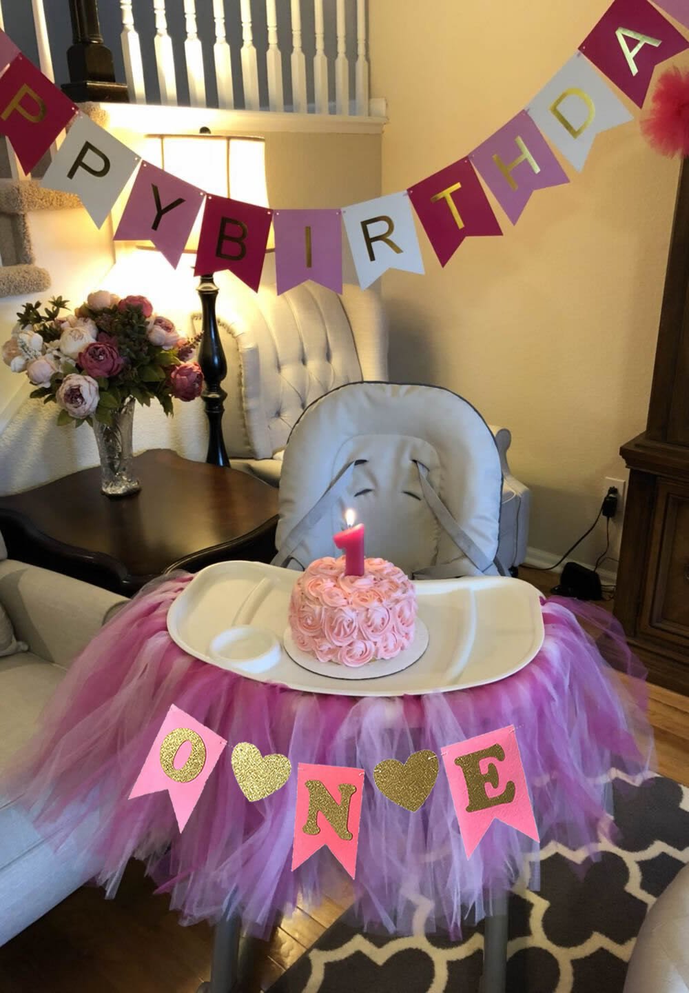 1st Birthday Girl Baby Tutu for High Chair Decoration and "ONE" Pennant Happy Birthday for Highchair